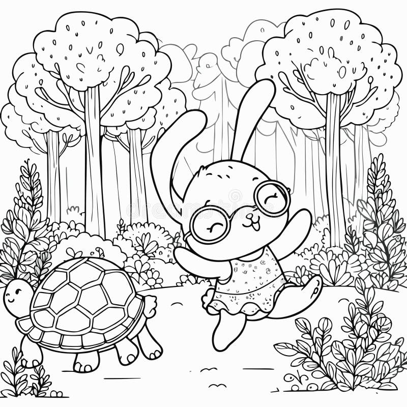 Cute Rabbit Dancing with Turtle Vector Illustration for Coloring. High ...