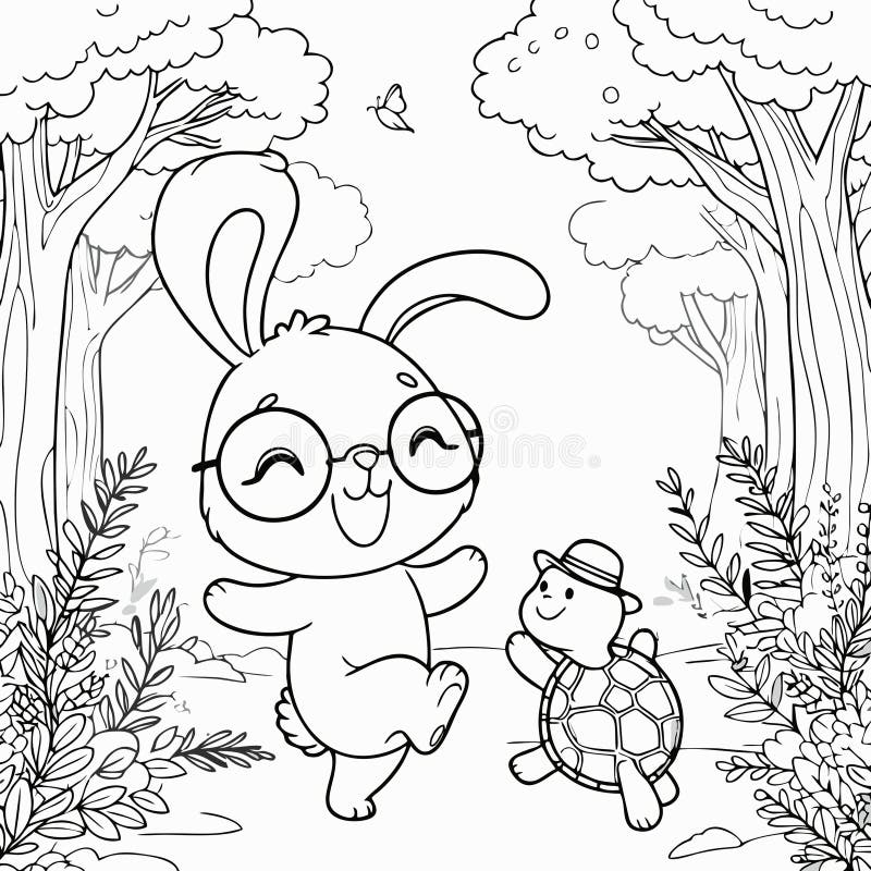 Cute Rabbit Dancing with Turtle Vector Illustration for Coloring. High ...