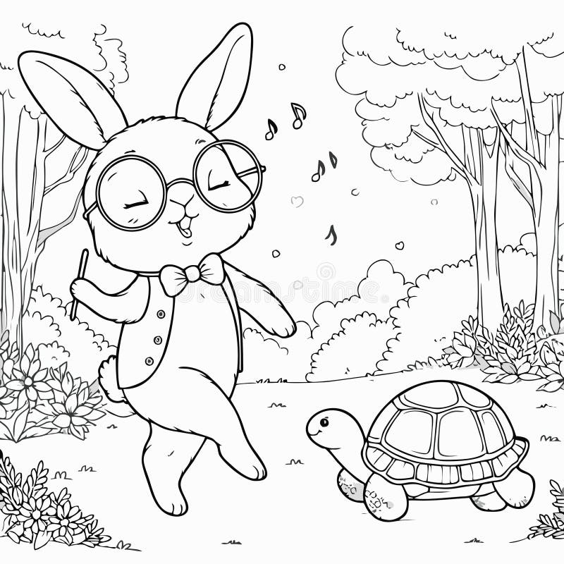 Cute Rabbit Dancing with Turtle Vector Illustration for Coloring. High ...