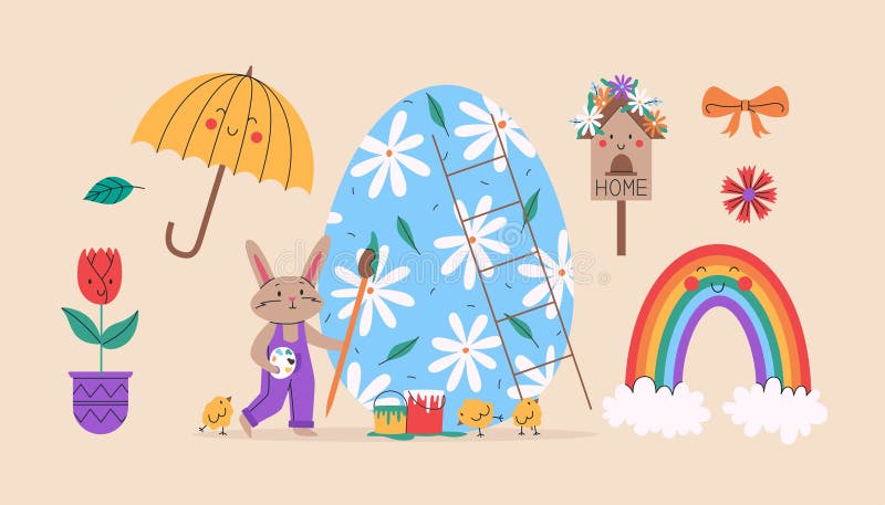 Cute Rabbit Decorate Easter Egg with Chicks. Spring Set of Cute Objects. Vector Illustration for ...