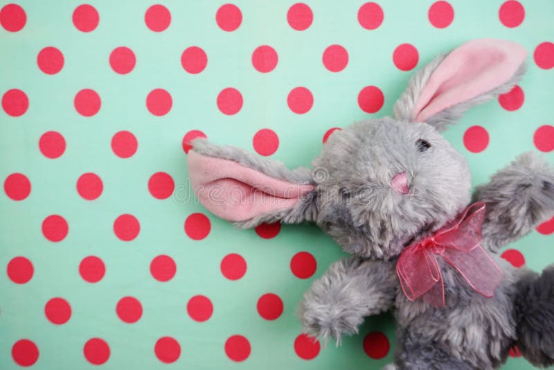 Cute Rabbit Doll Top View on Pink and Green Polka Dot Background Stock ...
