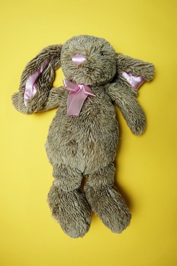 Cute Rabbit Doll Top View on Yellow Background Stock Image - Image of ...