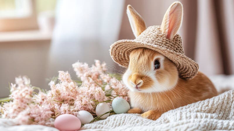 A Cute Rabbit Dons a Straw Hat Surrounded by Colorful Flowers ...