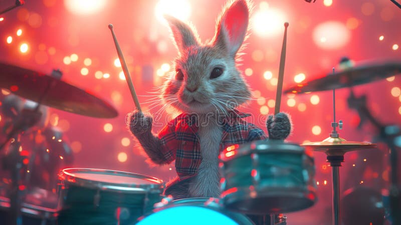 Cute Rabbit Drummer Playing on Stage with Lights and Drum Set Stock ...