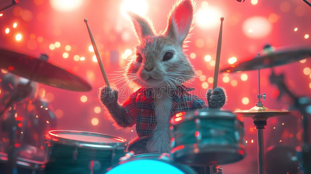 Cute Rabbit Drummer Playing on Stage with Lights and Drum Set Stock ...