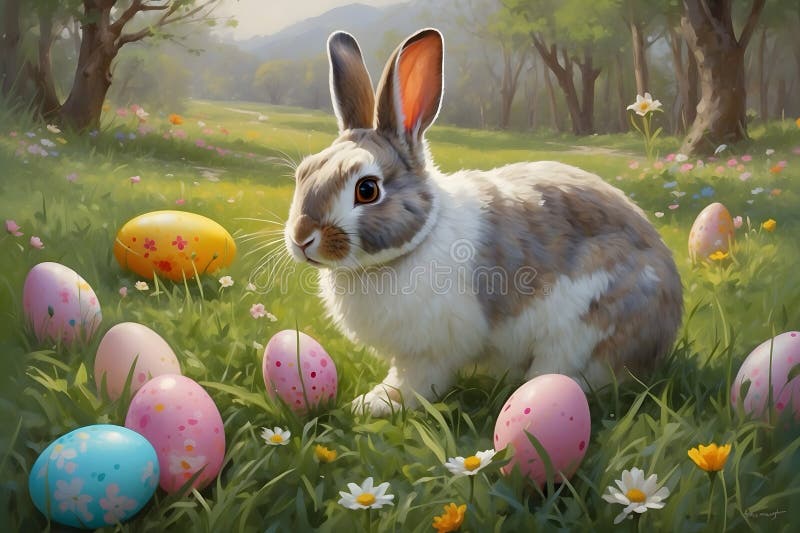 A Cute Rabbit with Colorful Easter Eggs Stock Image - Image of nature ...