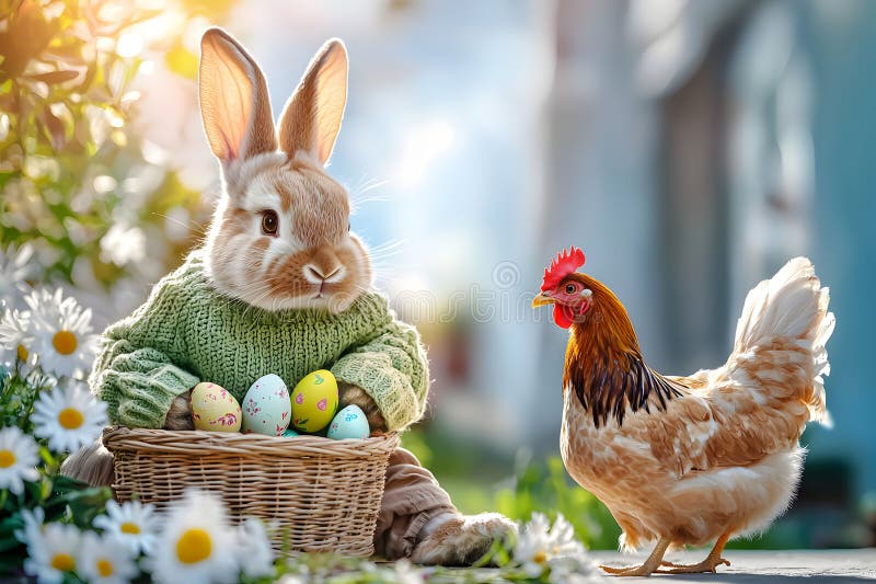 Cute Rabbit with Easter Eggs and Curious Chicken in Spring Garden Stock ...