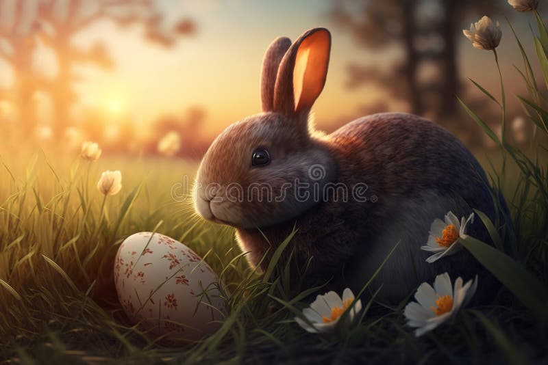 Cute Rabbit with Easter Eggs on a Flower Meadow at Sunrise. AI ...