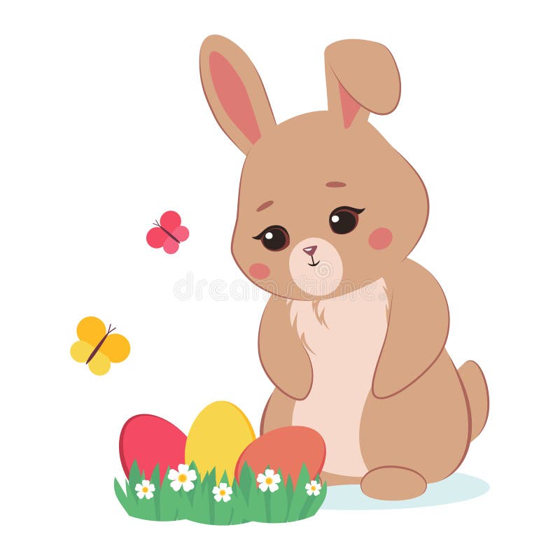 Cute Rabbit with Easter Eggs. Fluffy Bunny Cartoon Stock Illustration ...