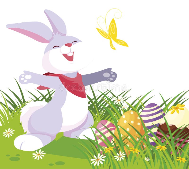 Cute Rabbit Easter with Eggs Painted in the Garden Stock Illustration ...