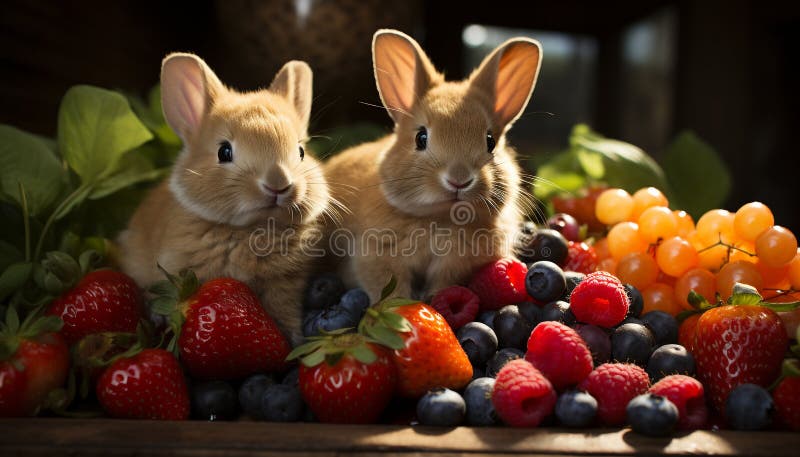 Cute Rabbit Eating Fresh Strawberries on a Farm Generated by AI Stock ...