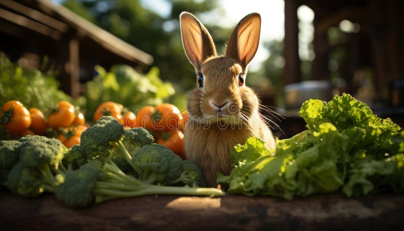 Cute Rabbit Eating Fresh Vegetables on a Wooden Farm Table Generated by ...