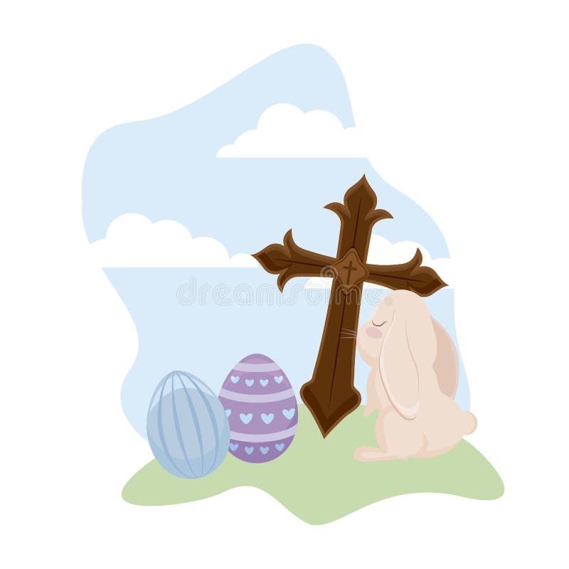 Cute Rabbit with Eggs of Easter and Cross Catholic Stock Vector ...
