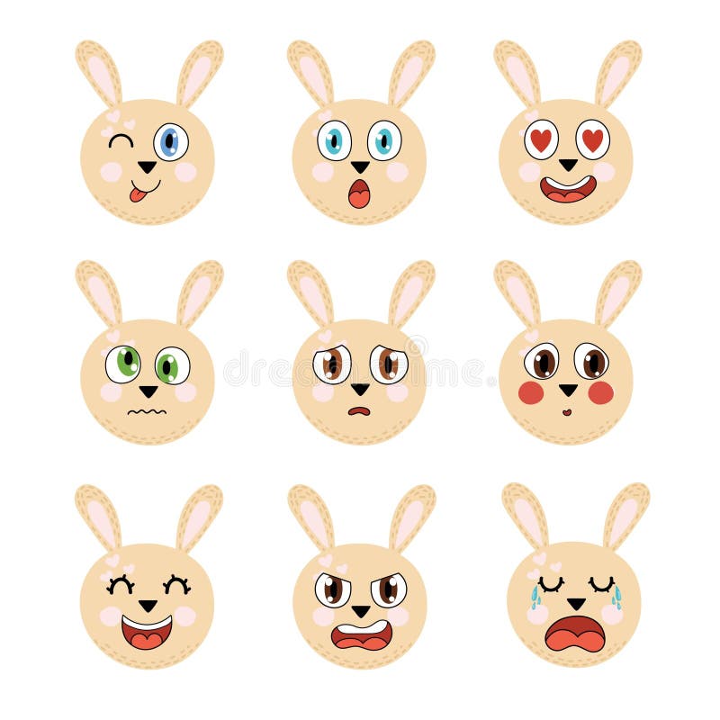 Cute Rabbit Emotions Collection. Different Emotional Faces Set with ...