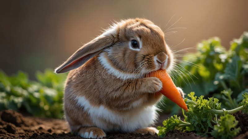 A Cute Rabbit Enjoying a Carrot Amidst Greenery in a Natural Setting ...