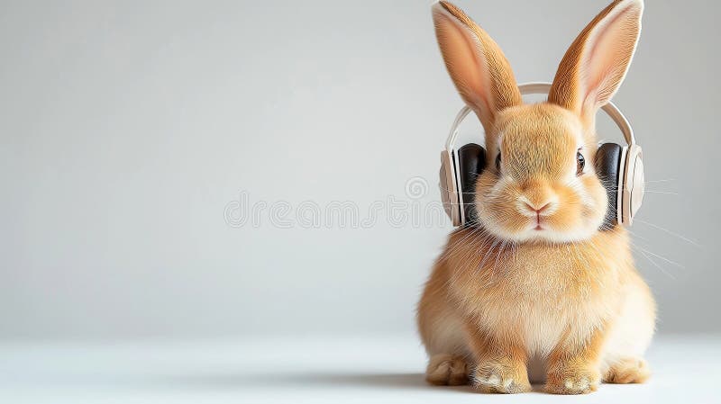 Cute Rabbit Enjoying Music Using Wireless Headphones, Minimalist ...
