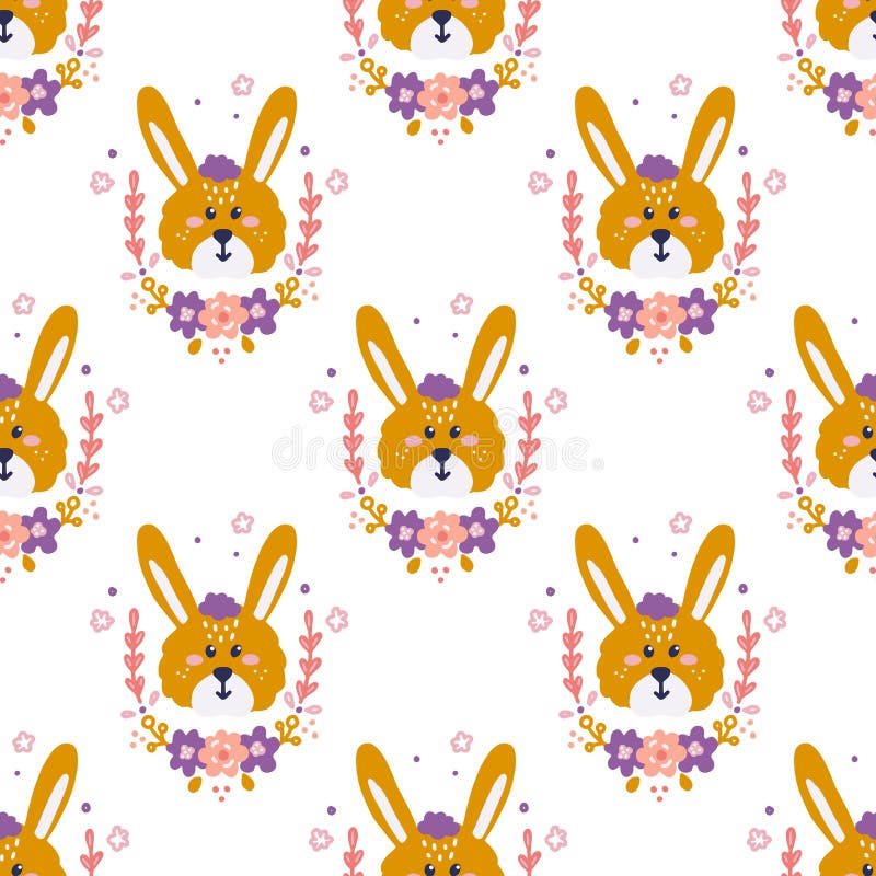 Cute Rabbit Face with Flowers on White Background, Vector Seamless ...