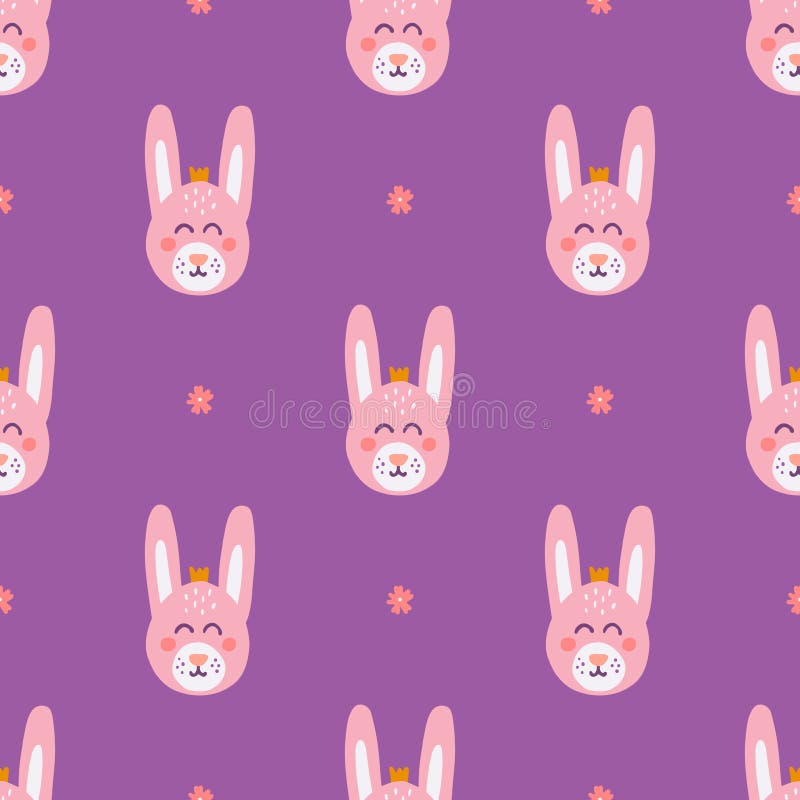 Cute Rabbit Face on Purple Background, Vector Seamless Pattern Stock ...