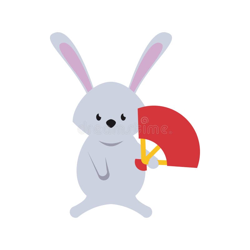 Cute Rabbit with Fan Flat Style Icon Stock Vector - Illustration of ...