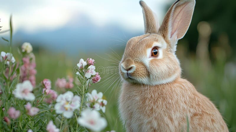 Cute Rabbit in a Field of Flowers Stock Illustration - Illustration of ...