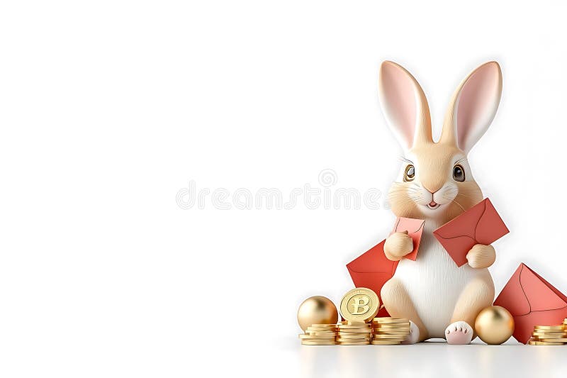Cute Rabbit Figurine Holding Red Envelopes and Surrounded by Gold Coins ...
