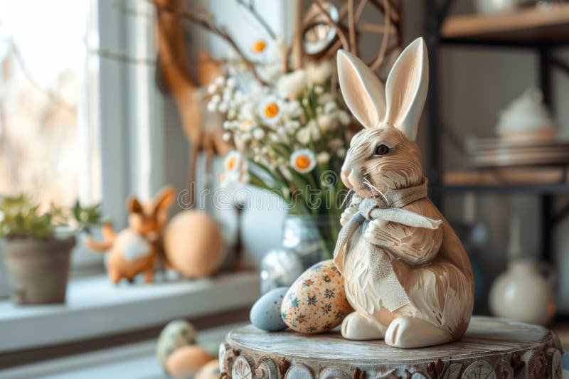 A Cute Rabbit Figurine Sitting on a Wooden Table. Perfect for Home ...