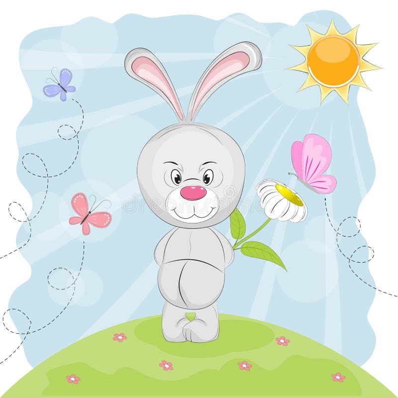 Cute Rabbit with Flower and Butterflies on a Meadow. Stock Vector ...