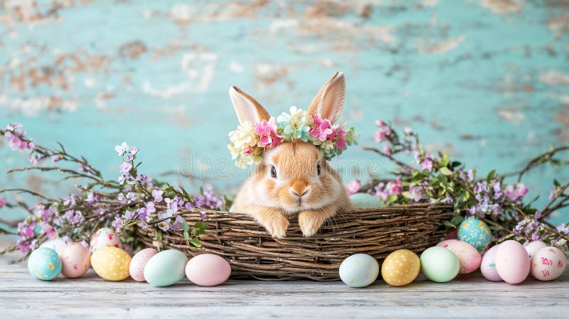 Adorable Bunny Wearing a Floral Crown Sitting in a Wicker Basket ...