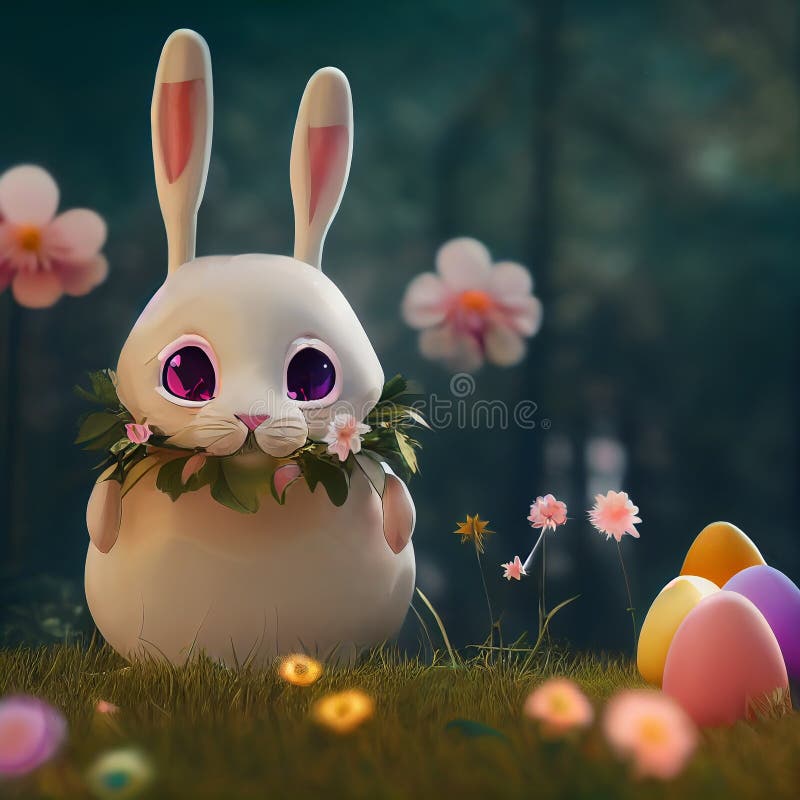 Cute Rabbit in the Forest with Colorful Easter Eggs Stock Illustration ...