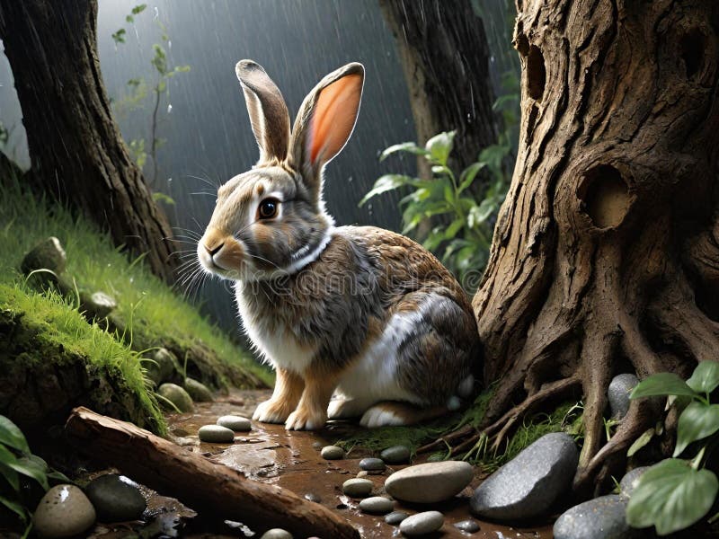 A Cute Rabbit in the Forest Stock Illustration - Illustration of bunny ...