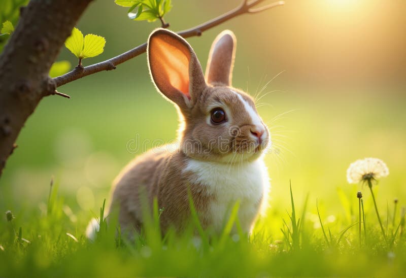Cute Rabbit in the Forest Glade Sits on the Grass Under Tree Branch and ...