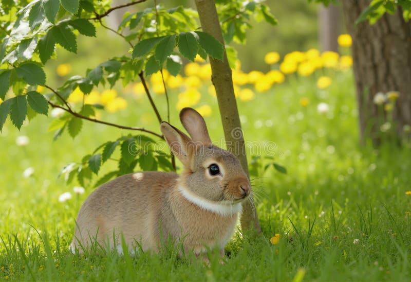 Cute Rabbit in the Forest Glade Sits on the Grass Under Tree Branch and ...