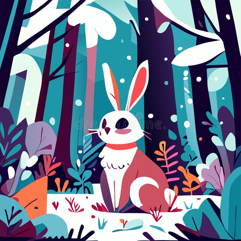 Cute Rabbit in the Forest. Vector Illustration in Flat Cartoon Style ...
