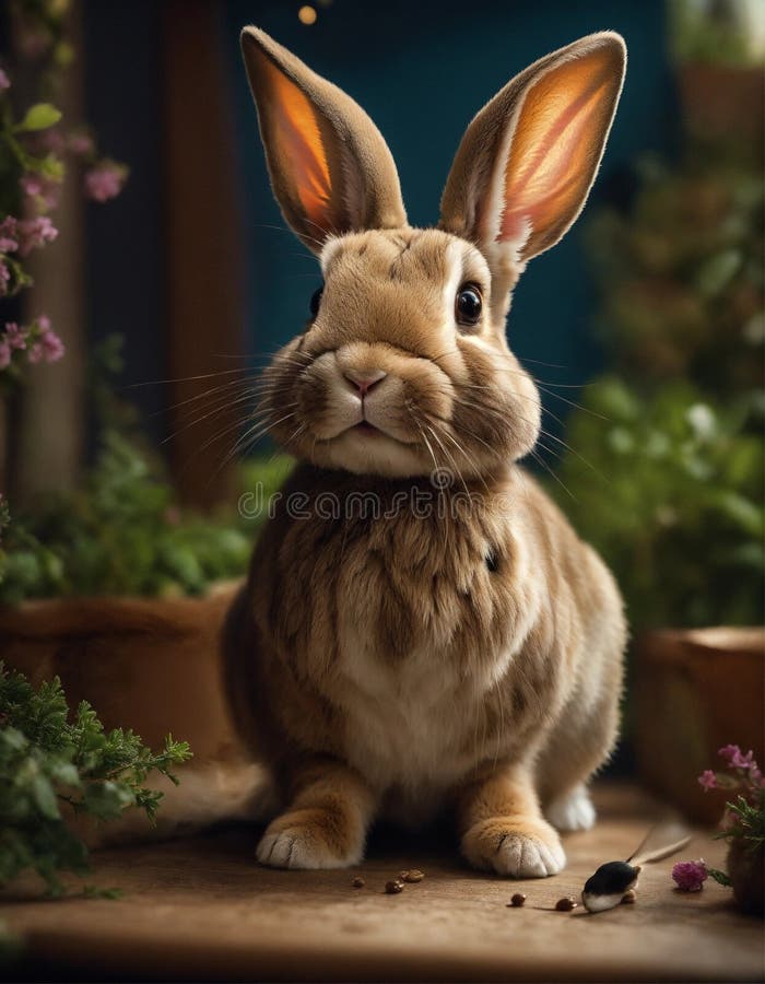 Cute Rabbit in the Garden among Greenery and Flowers. Stock Image ...