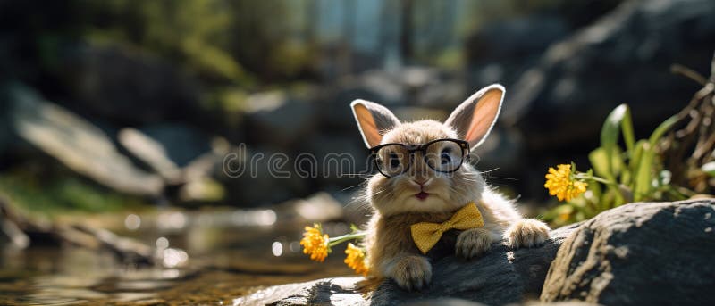 Cute Rabbit with Glasses Sitting on a Rock Stock Illustration ...
