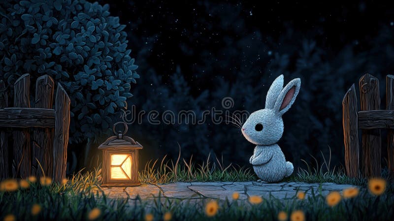 A Cute Rabbit beside a Glowing Lantern at Night Surrounded by Flowers ...