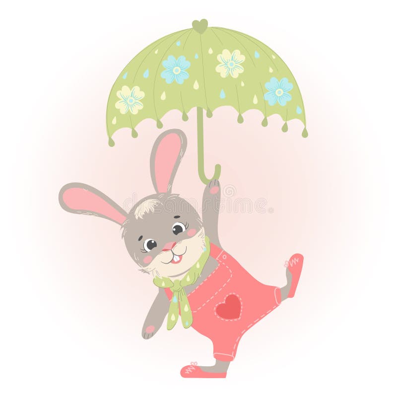 Cute Rabbit with a Green Umbrella, Rejoices in the Spring and the Sun ...