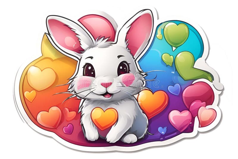 Cute Rabbit Happy Bunny Sticker with Hearts Spring Illustration Stock ...