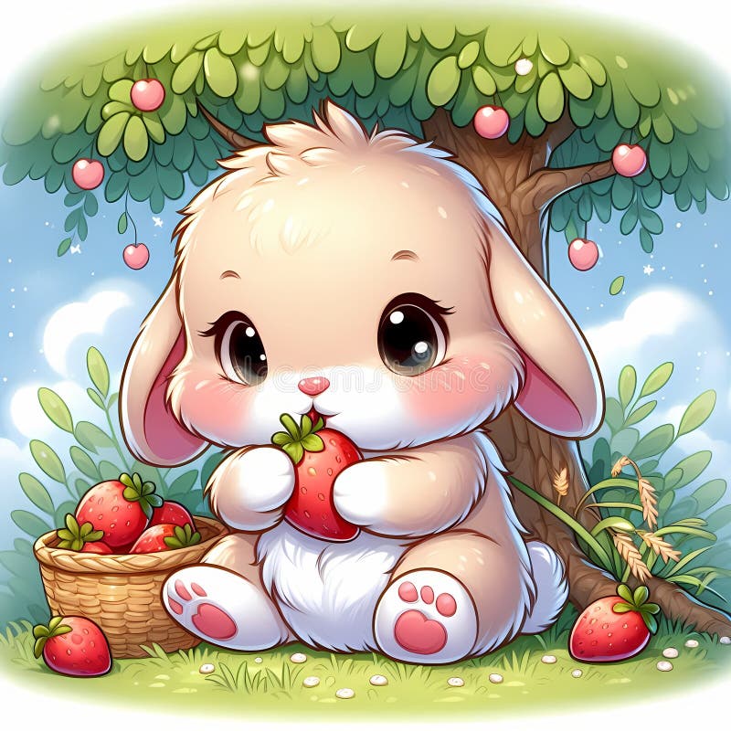 A Cute Rabbit Harvesting Strawberries, Resting Under the Tree, with a ...