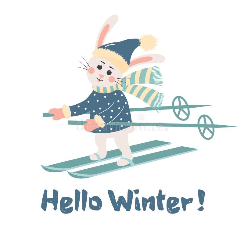 Cute Rabbit in Hat and Scarf is Skiing. Hello Winter Text Stock Vector ...