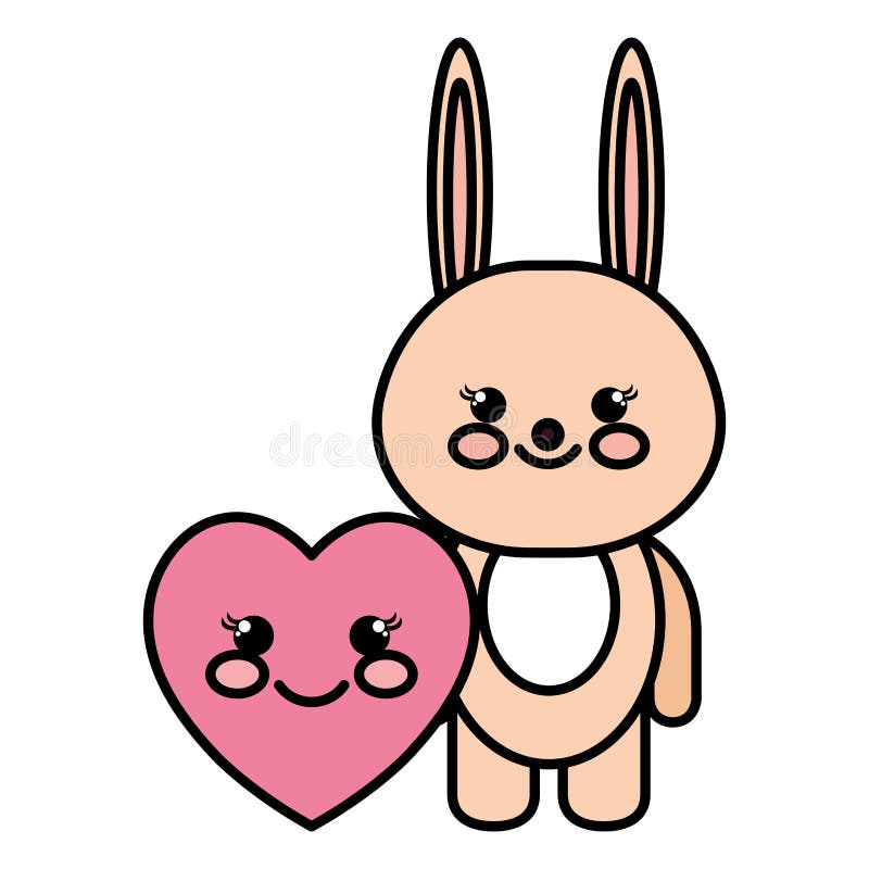 Cute Rabbit and Heart Kawaii Characters Stock Vector - Illustration of ...
