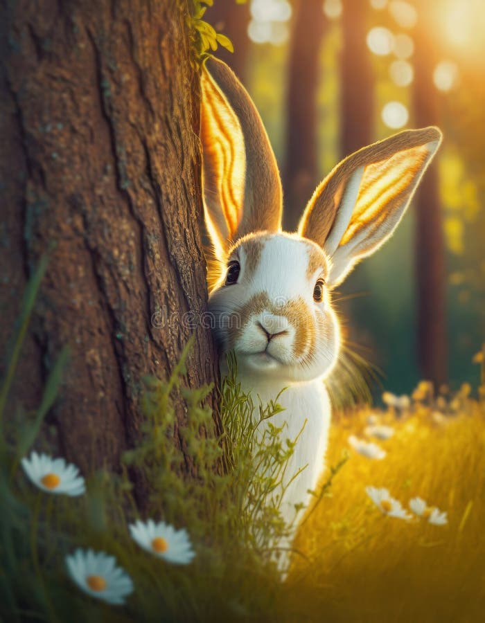 Cute Rabbit Hiding Behind a Tree in the Forest Stock Illustration ...