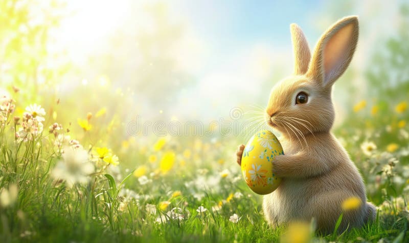 Cute Easter Bunny Holding Colorful Egg Flower Filled Meadow Stock ...