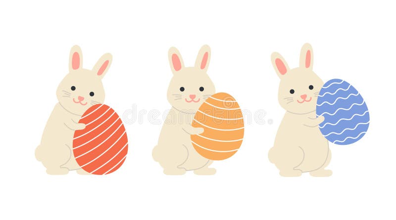 Cute Rabbit Holding Easter Egg Set. Easter Holiday. Cartoon Vector ...