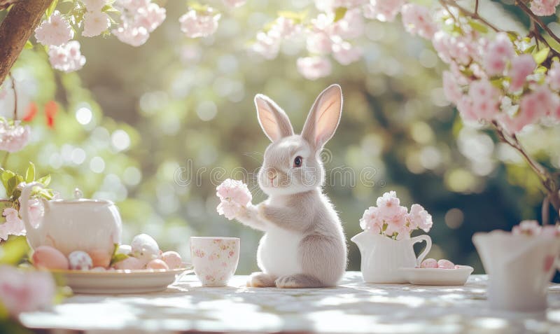 Cute Rabbit Holding Flower Surrounded by Cherry Blossoms, Tea Set, and ...
