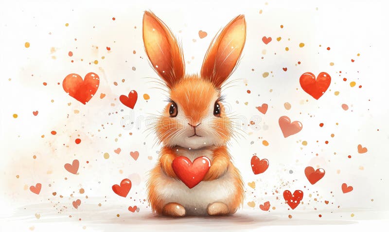 Cute Rabbit Holding Heart Surrounded by Floating Hearts in a Whimsical ...