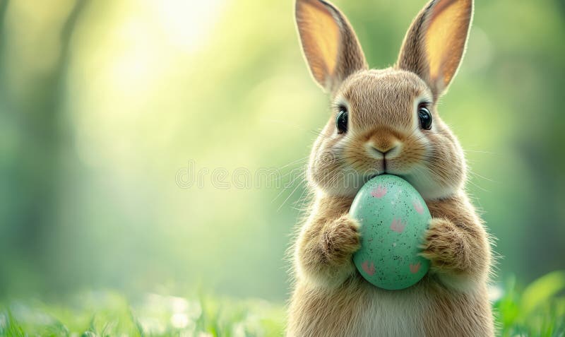 Cute Rabbit Holding Pastel Green Easter Egg in Sunny Spring Garden ...