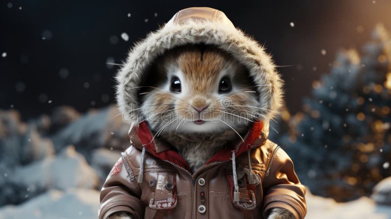 Cute Rabbit in a Jacket and Hood in the Snowy Winter for the Christmas ...