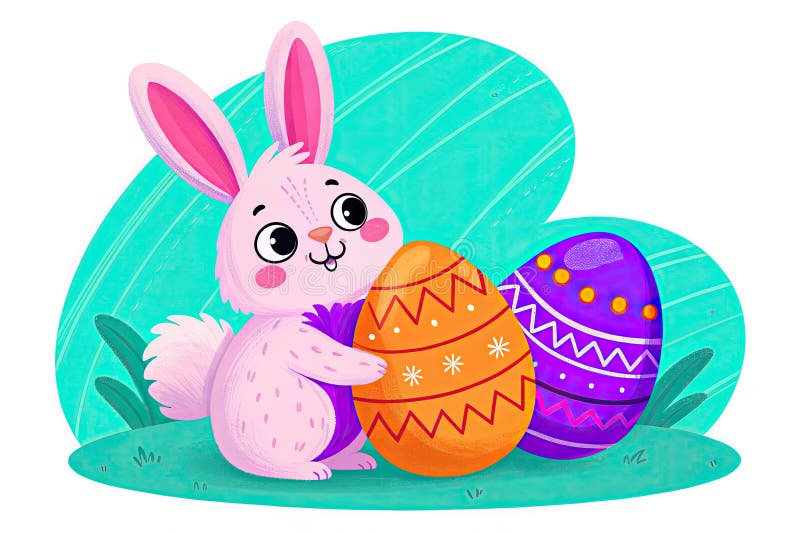 Cute Rabbit on the Lawn Holding Painted Easter Eggs. Drawing, Easter ...