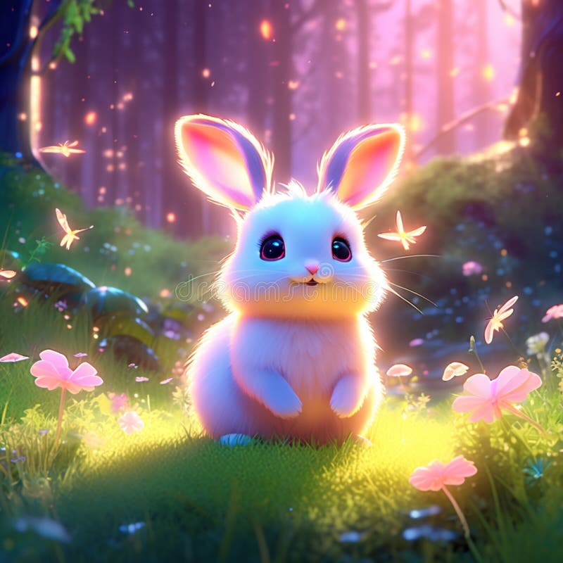 Cute Rabbit on the Lawn in the Magical Forest Stock Photo - Image of ...